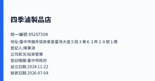 四季滷製品店的照片-統編 95257304(臺中市) 公司登記資料與營業項目詳細圖表