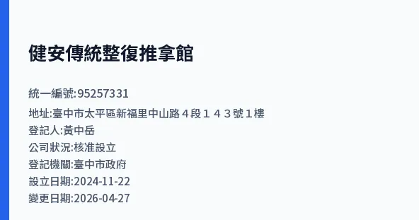 健安傳統整復推拿館的照片-統編 95257331(臺中市) 公司登記資料與營業項目詳細圖表