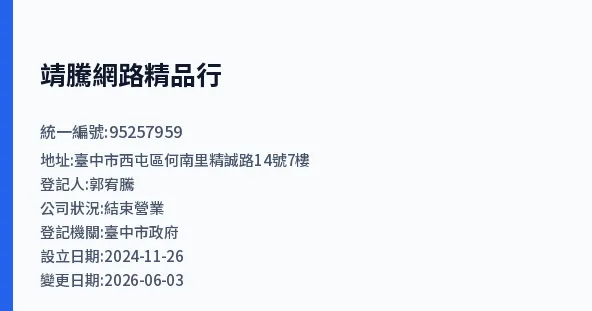 靖騰網路精品行的照片-統編 95257959(臺中市) 公司登記資料與營業項目詳細圖表