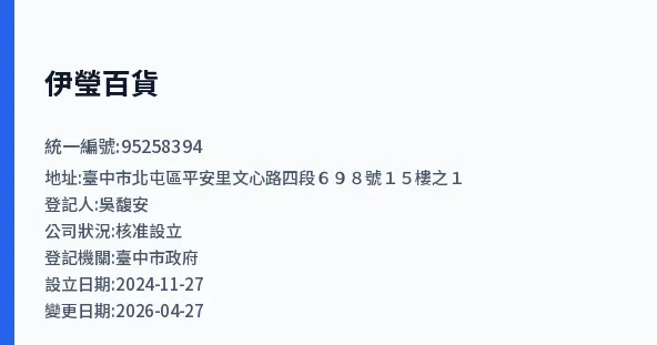 伊瑩百貨的照片-統編 95258394(臺中市) 公司登記資料與營業項目詳細圖表