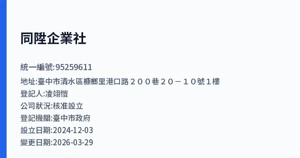 同陞企業社的照片-統編 95259611(臺中市) 公司登記資料與營業項目詳細圖表