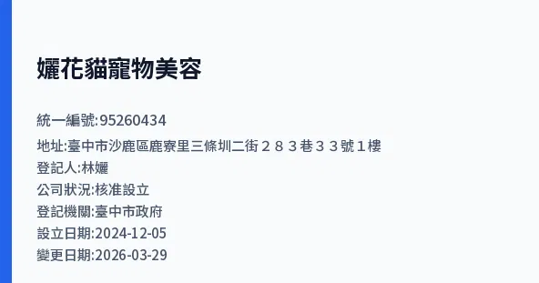 孋花貓寵物美容的照片-統編 95260434(臺中市) 公司登記資料與營業項目詳細圖表