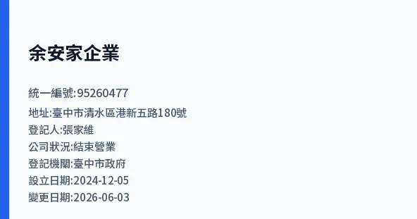 余安家企業的照片-統編 95260477(臺中市) 公司登記資料與營業項目詳細圖表
