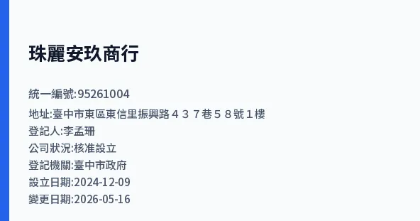 珠麗安玖商行的照片-統編 95261004(臺中市) 公司登記資料與營業項目詳細圖表