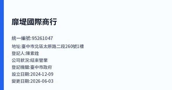 靡堤國際商行的照片-統編 95261047(臺中市) 公司登記資料與營業項目詳細圖表