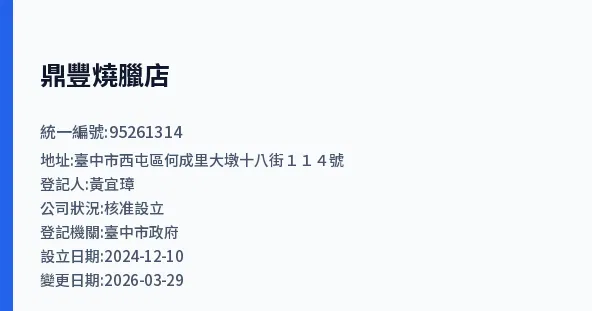 鼎豐燒臘店的照片-統編 95261314(臺中市) 公司登記資料與營業項目詳細圖表