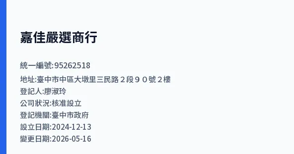 嘉佳嚴選商行的照片-統編 95262518(臺中市) 公司登記資料與營業項目詳細圖表