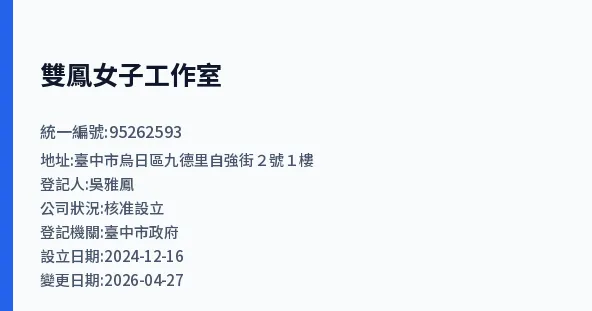 雙鳳女子工作室的照片-統編 95262593(臺中市) 公司登記資料與營業項目詳細圖表