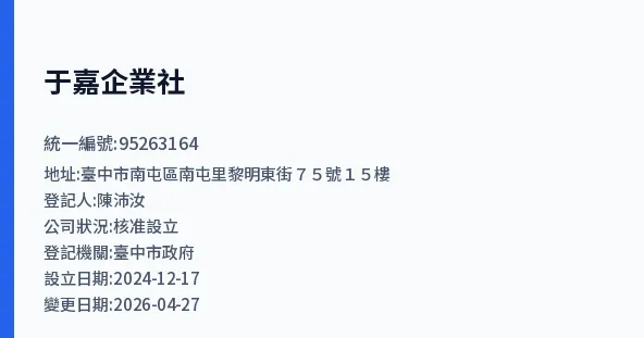 于嘉企業社的照片-統編 95263164(臺中市) 公司登記資料與營業項目詳細圖表