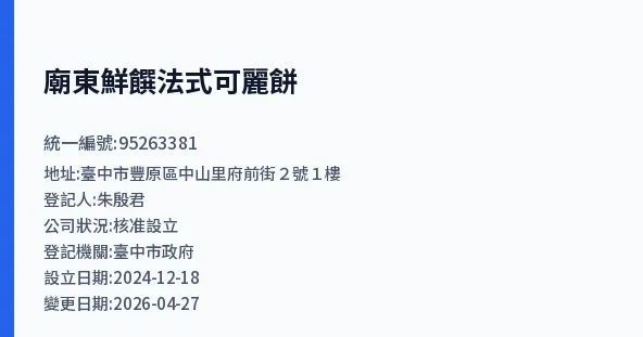 廟東鮮饌法式可麗餅的照片-統編 95263381(臺中市) 公司登記資料與營業項目詳細圖表