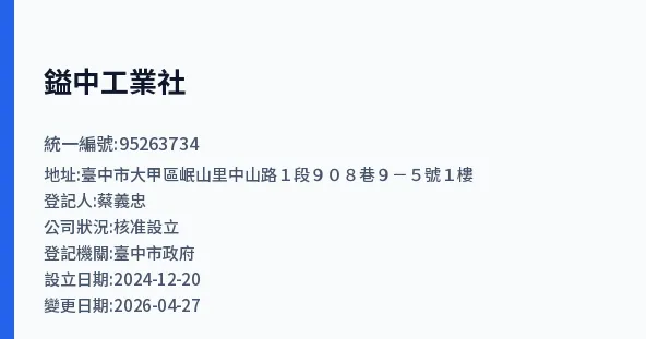 鎰中工業社的照片-統編 95263734(臺中市) 公司登記資料與營業項目詳細圖表