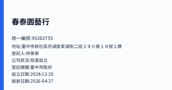 春泰園藝行的照片-統編 95263755(臺中市) 公司登記資料與營業項目詳細圖表