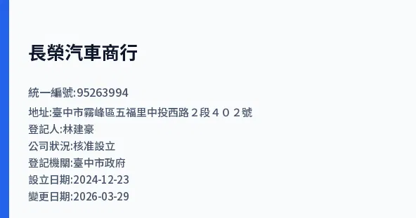 長榮汽車商行的照片-統編 95263994(臺中市) 公司登記資料與營業項目詳細圖表