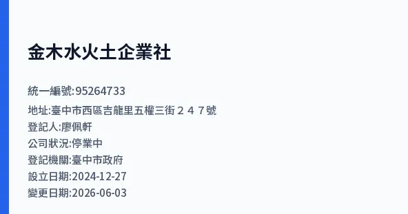 金木水火土企業社的照片-統編 95264733(臺中市) 公司登記資料與營業項目詳細圖表