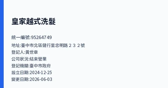 皇家越式洗髮的照片-統編 95264749(臺中市) 公司登記資料與營業項目詳細圖表