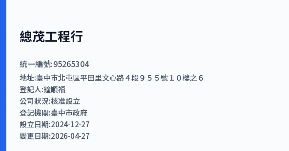 總茂工程行的照片-統編 95265304(臺中市) 公司登記資料與營業項目詳細圖表