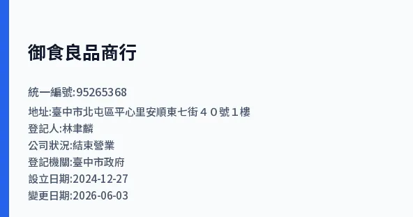 御食良品商行的照片-統編 95265368(臺中市) 公司登記資料與營業項目詳細圖表