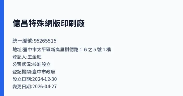 億昌特殊網版印刷廠的照片-統編 95265515(臺中市) 公司登記資料與營業項目詳細圖表