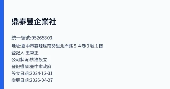 鼎泰豐企業社的照片-統編 95265803(臺中市) 公司登記資料與營業項目詳細圖表