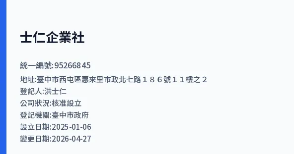 士仁企業社的照片-統編 95266845(臺中市) 公司登記資料與營業項目詳細圖表