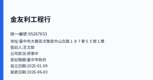 金友利工程行的照片-統編 95267653(臺中市) 公司登記資料與營業項目詳細圖表