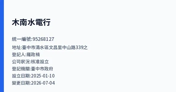 木南水電行的照片-統編 95268127(臺中市) 公司登記資料與營業項目詳細圖表