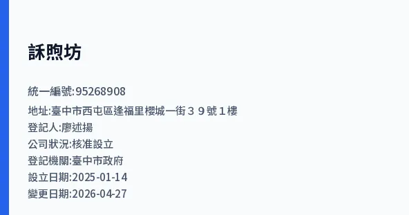 訸煦坊的照片-統編 95268908(臺中市) 公司登記資料與營業項目詳細圖表