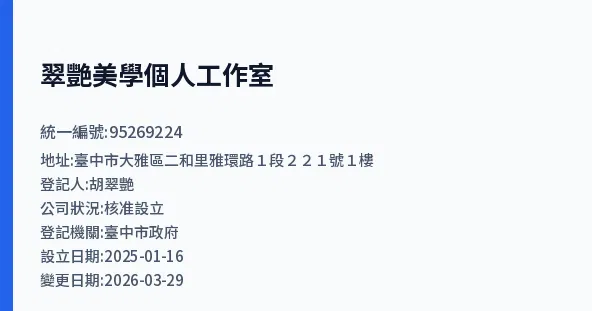翠艷美學個人工作室的照片-統編 95269224(臺中市) 公司登記資料與營業項目詳細圖表