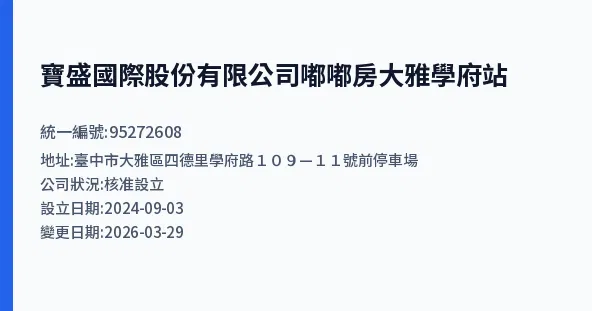 寶盛國際股份有限公司嘟嘟房大雅學府站的照片-統編 95272608(臺中市) 公司登記資料與營業項目詳細圖表