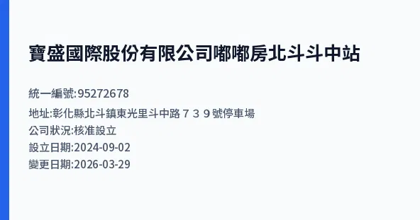 寶盛國際股份有限公司嘟嘟房北斗斗中站的照片-統編 95272678(彰化縣) 公司登記資料與營業項目詳細圖表