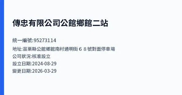 傳忠有限公司公館鄉館二站的照片-統編 95273114(苗栗縣) 公司登記資料與營業項目詳細圖表