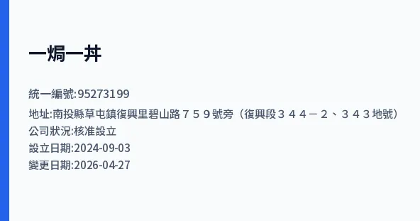 一焗一丼的照片-統編 95273199(南投縣) 公司登記資料與營業項目詳細圖表