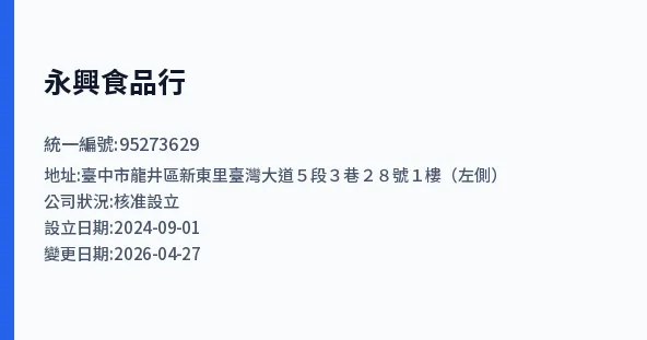 永興食品行的照片-統編 95273629(臺中市) 公司登記資料與營業項目詳細圖表