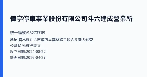 俥亭停車事業股份有限公司斗六建成營業所的照片-統編 95273769(雲林縣) 公司登記資料與營業項目詳細圖表