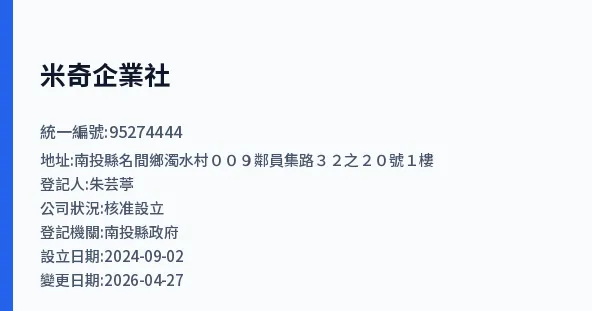 米奇企業社的照片-統編 95274444(南投縣) 公司登記資料與營業項目詳細圖表