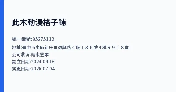 此木動漫格子鋪的照片-統編 95275112(臺中市) 公司登記資料與營業項目詳細圖表