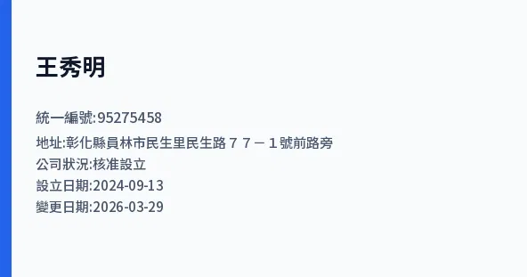 王秀明的照片-統編 95275458(彰化縣) 公司登記資料與營業項目詳細圖表