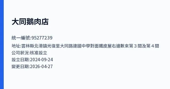 大同鵝肉店的照片-統編 95277239(雲林縣) 公司登記資料與營業項目詳細圖表