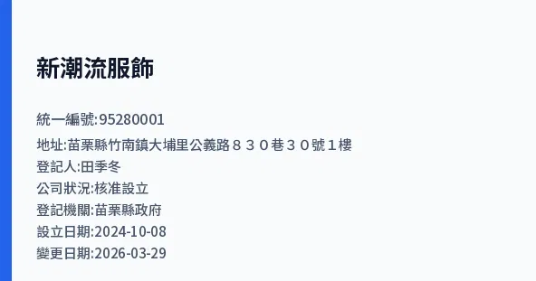 新潮流服飾的照片-統編 95280001(苗栗縣) 公司登記資料與營業項目詳細圖表
