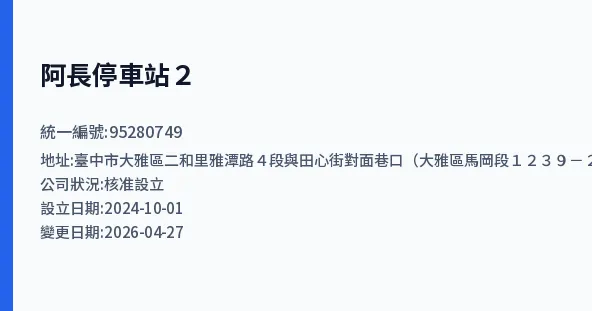 阿長停車站2的照片-統編 95280749(臺中市) 公司登記資料與營業項目詳細圖表