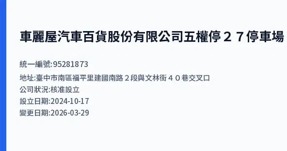 車麗屋汽車百貨股份有限公司五權停27停車場的照片-統編 95281873(臺中市) 公司登記資料與營業項目詳細圖表
