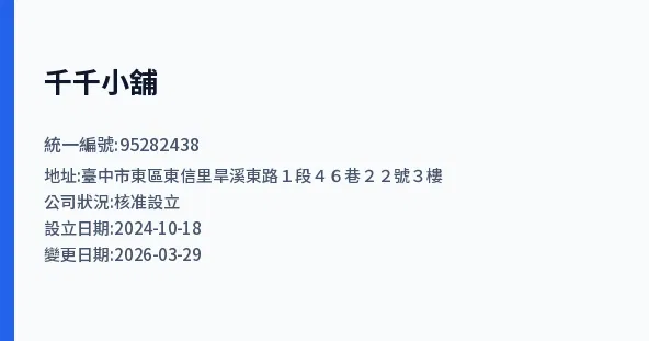 千千小舖的照片-統編 95282438(臺中市) 公司登記資料與營業項目詳細圖表