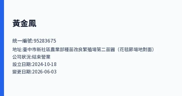 黃金鳳的照片-統編 95283675(臺中市) 公司登記資料與營業項目詳細圖表