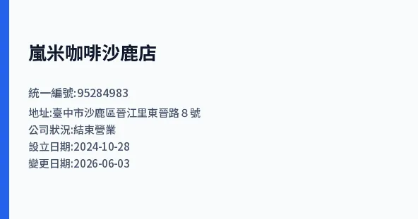 嵐米咖啡沙鹿店的照片-統編 95284983(臺中市) 公司登記資料與營業項目詳細圖表