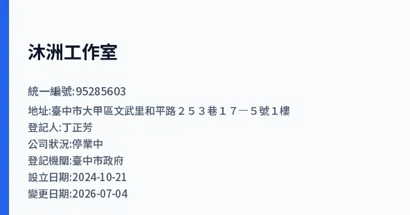 沐洲工作室的照片-統編 95285603(臺中市) 公司登記資料與營業項目詳細圖表