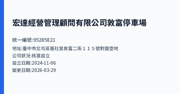 宏達經營管理顧問有限公司敦富停車場的照片-統編 95285821(臺中市) 公司登記資料與營業項目詳細圖表