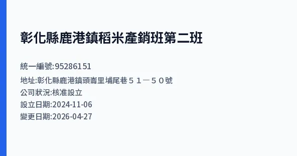 彰化縣鹿港鎮稻米產銷班第二班的照片-統編 95286151(彰化縣) 公司登記資料與營業項目詳細圖表