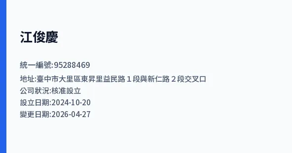 江俊慶的照片-統編 95288469(臺中市) 公司登記資料與營業項目詳細圖表
