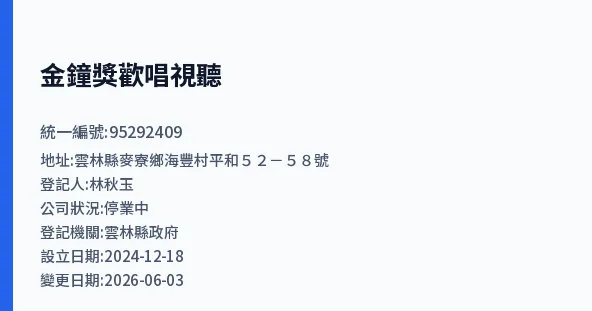 金鐘獎歡唱視聽的照片-統編 95292409(雲林縣) 公司登記資料與營業項目詳細圖表