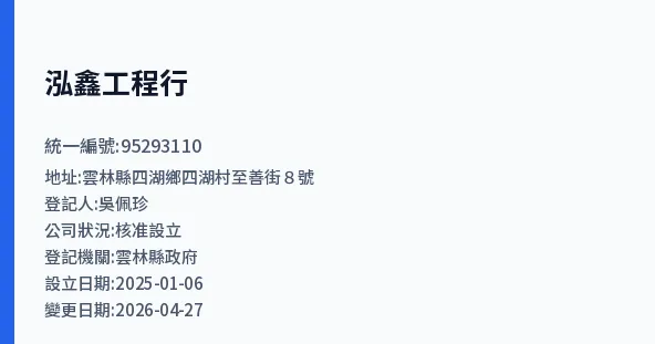 泓鑫工程行的照片-統編 95293110(雲林縣) 公司登記資料與營業項目詳細圖表